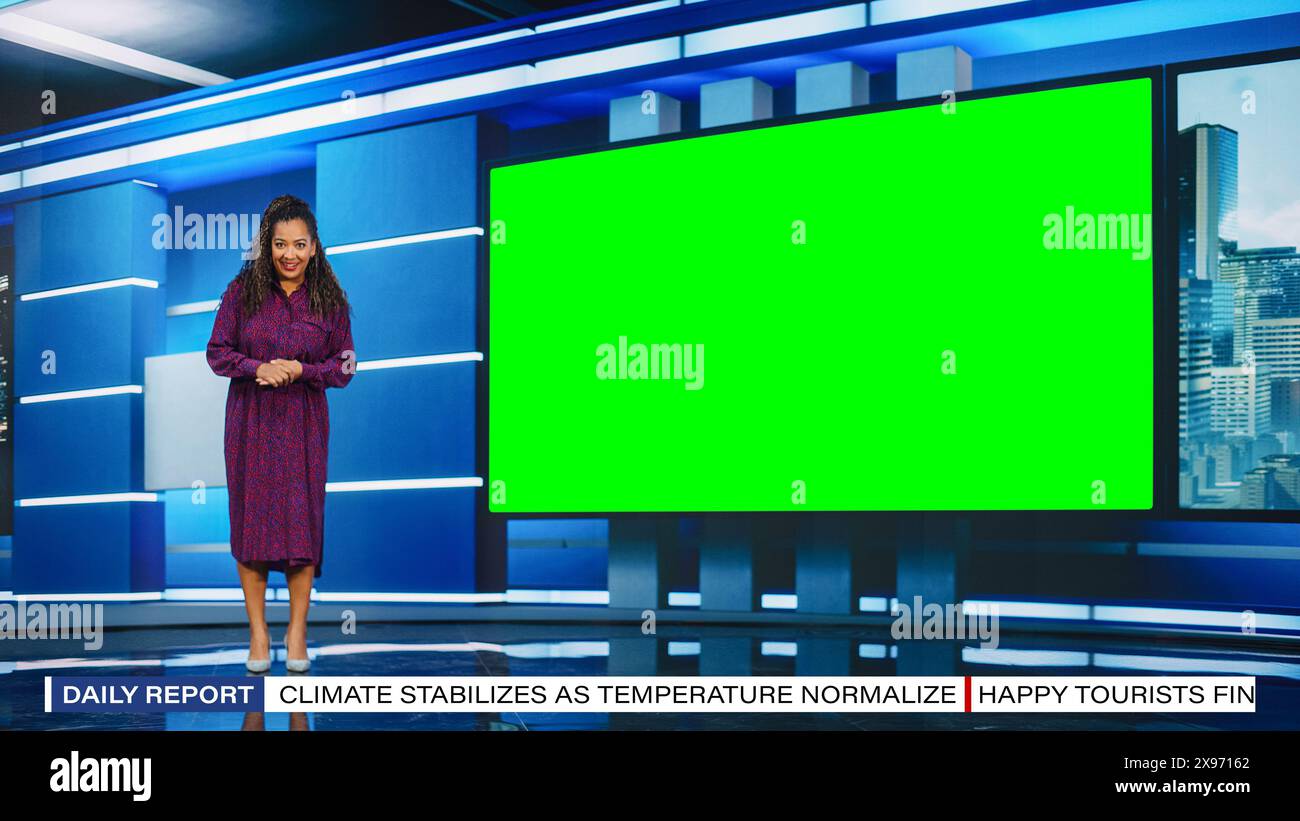 Talk Show TV Program: Beautiful Black Female Presenter Standing in ...