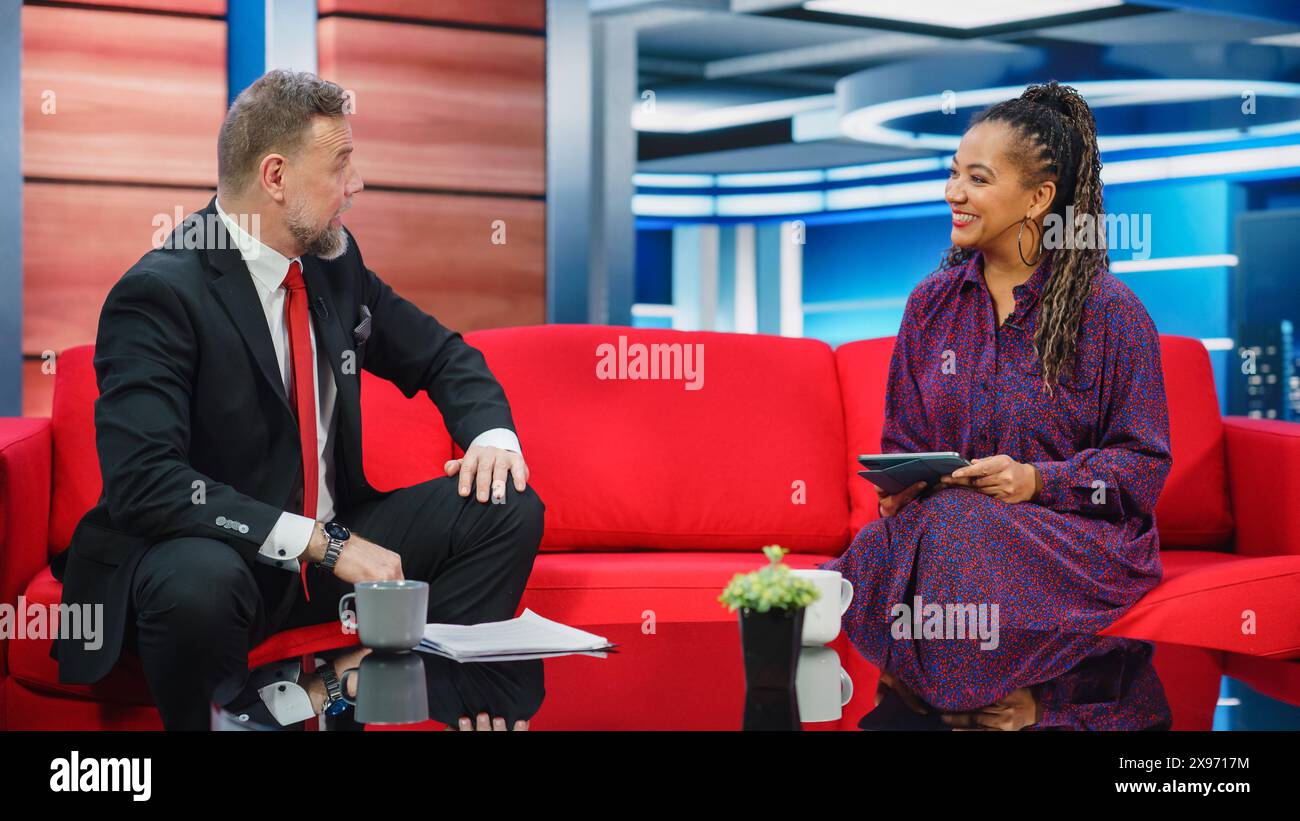Talk Show TV Program and News Discussion: Two Cheerful Presenters Talk ...