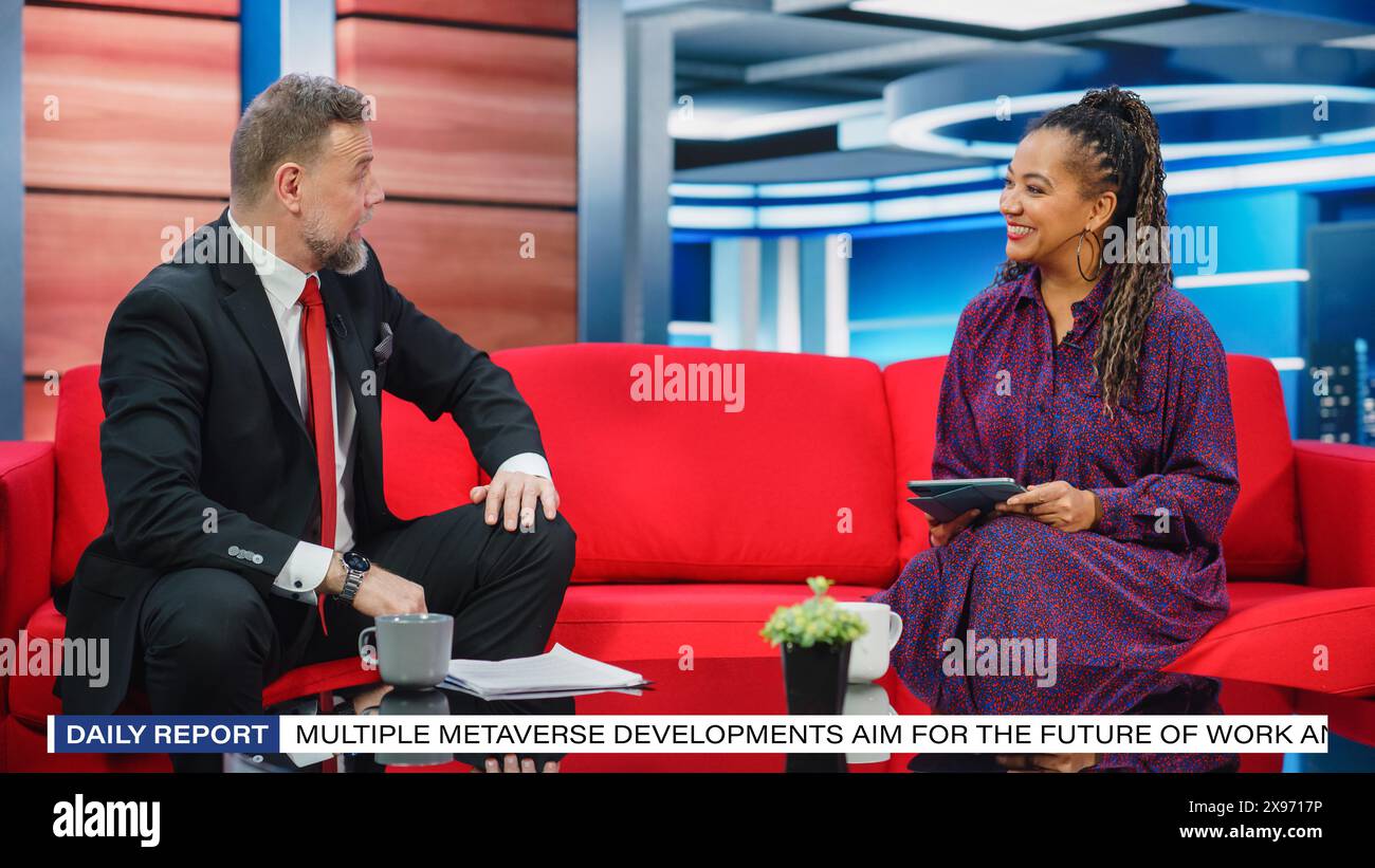 Talk Show TV Program and News Discussion: Two Cheerful Presenters Talk ...