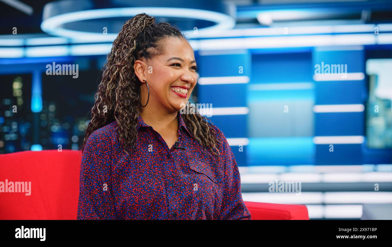 Talk Show TV Program, News Discussion: Beautiful Black Female Presenter ...