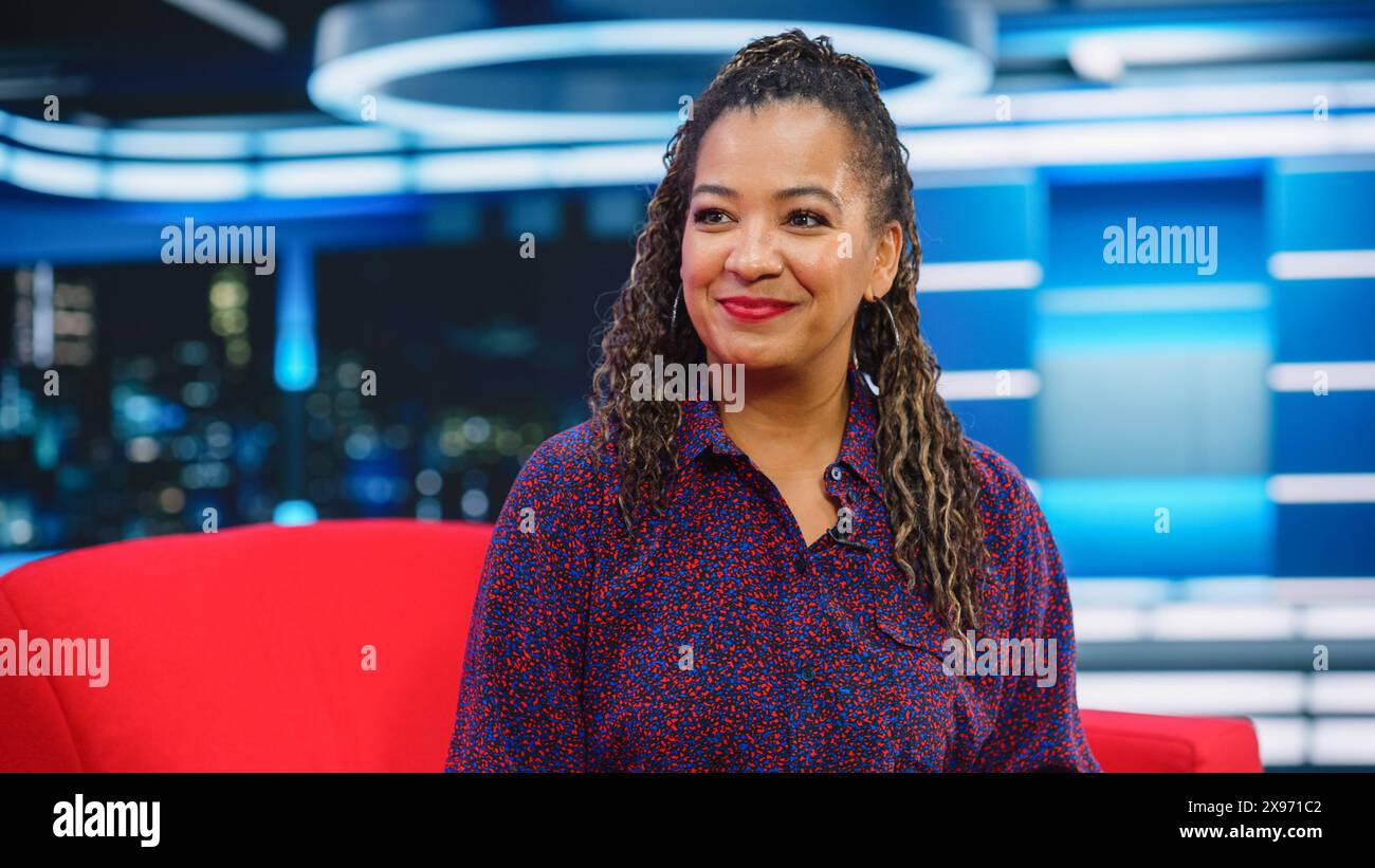 Talk Show TV Program, News Discussion: Beautiful Black Female Presenter ...