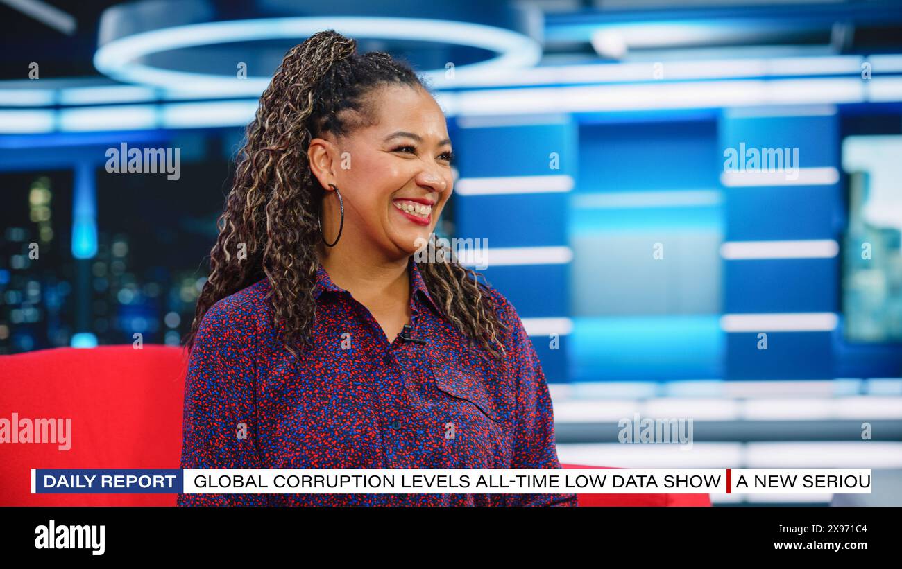 Talk Show TV Program, News Discussion: Beautiful Black Female Presenter ...