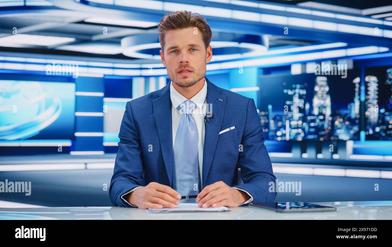 TV Live News Program: White Male Presenter Reporting On the Events ...