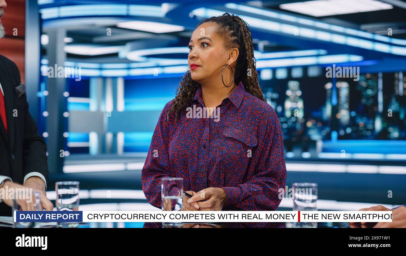 Talk Show TV Program: Portrait of Black Female Expert Argues with other ...