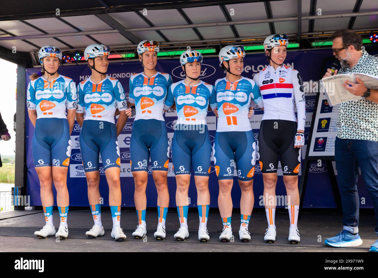 Riders of Team DSM at 2024 Ford RideLondon Classique Women's WorldTour ...