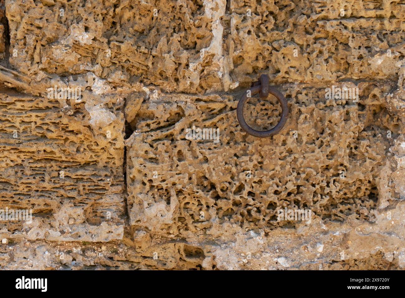 A rusty metal tie ring for securing horses, stuck into the wall of a ...