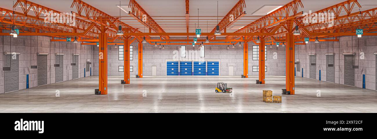warehouse high ceilings, and storage racks, showcasing a clean ...