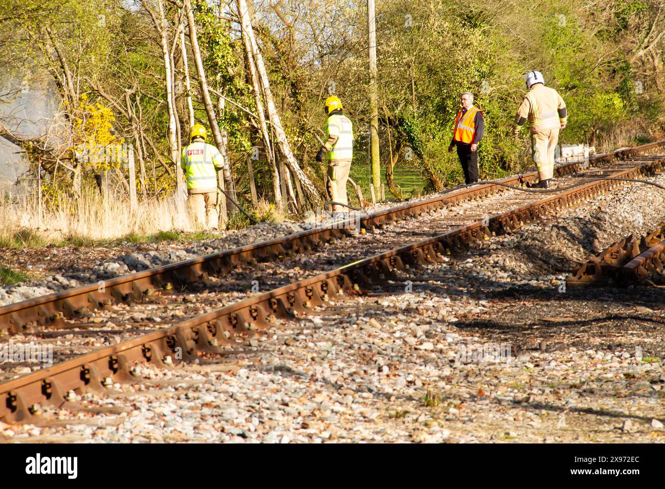 Lineside fire, firefighters in attendance, Creech Bottom, Swanage ...