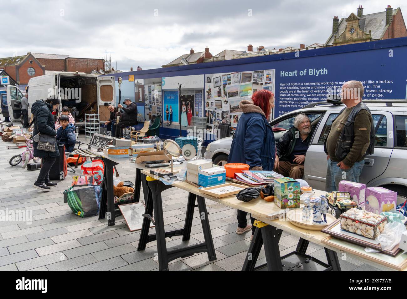 Blyth, Northumberland, UK. People at the flea market in the town centre ...
