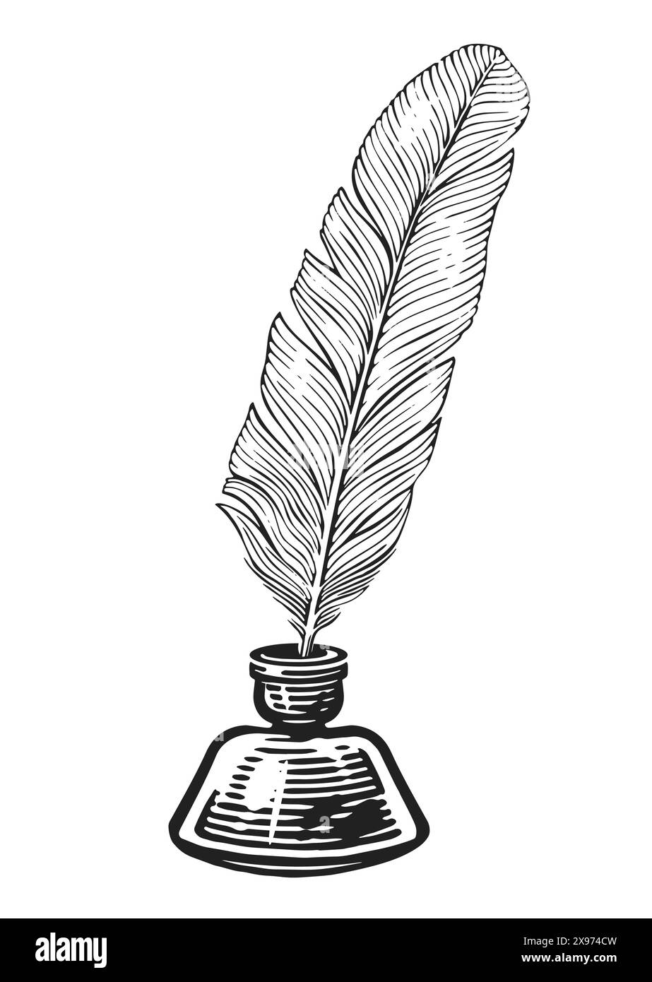 Feather quill in inkwell. Vintage pen and glass bottle of ink for ...