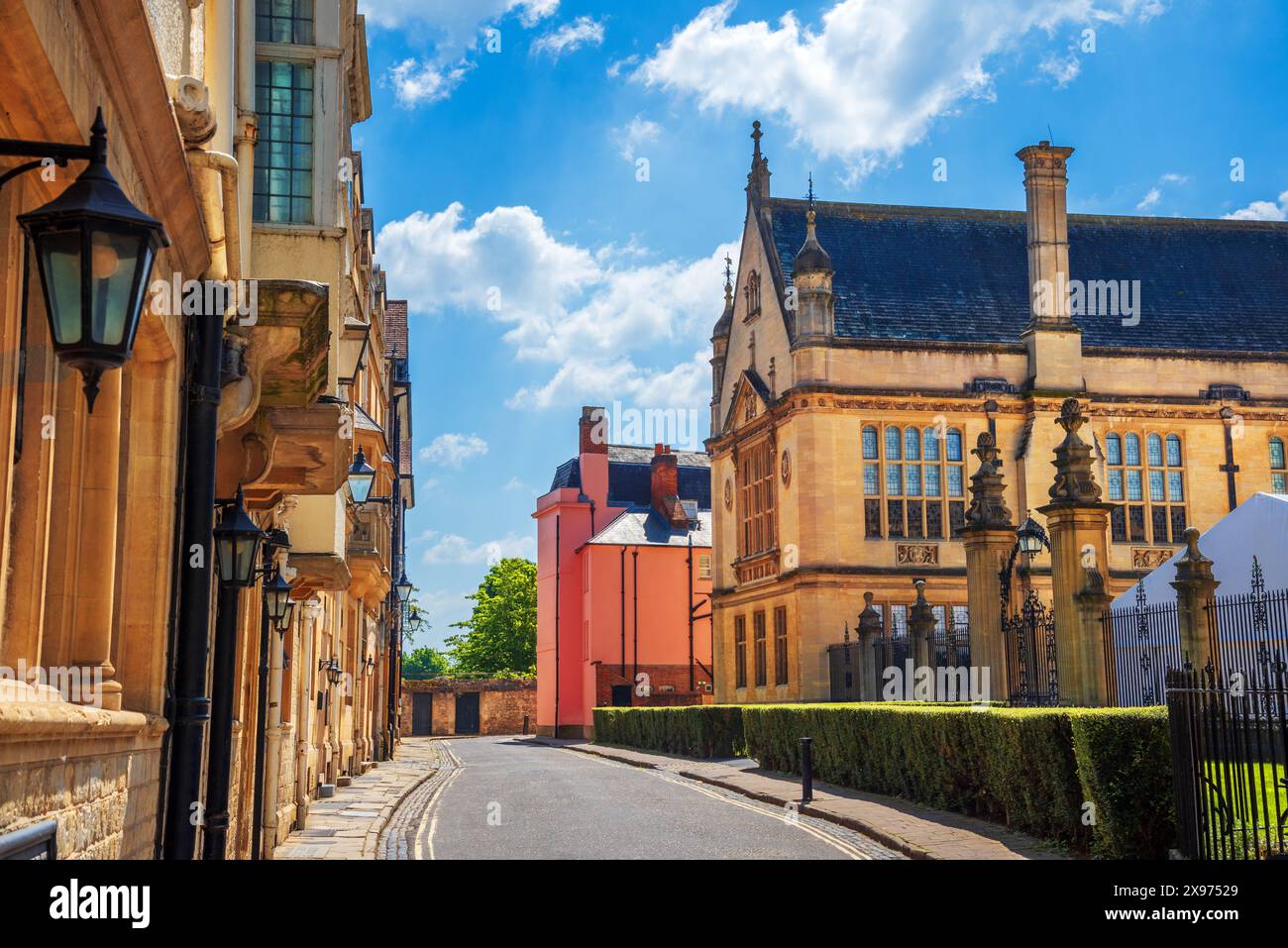 Front view of Gothic and Baroque architecture on a sunny day in England ...