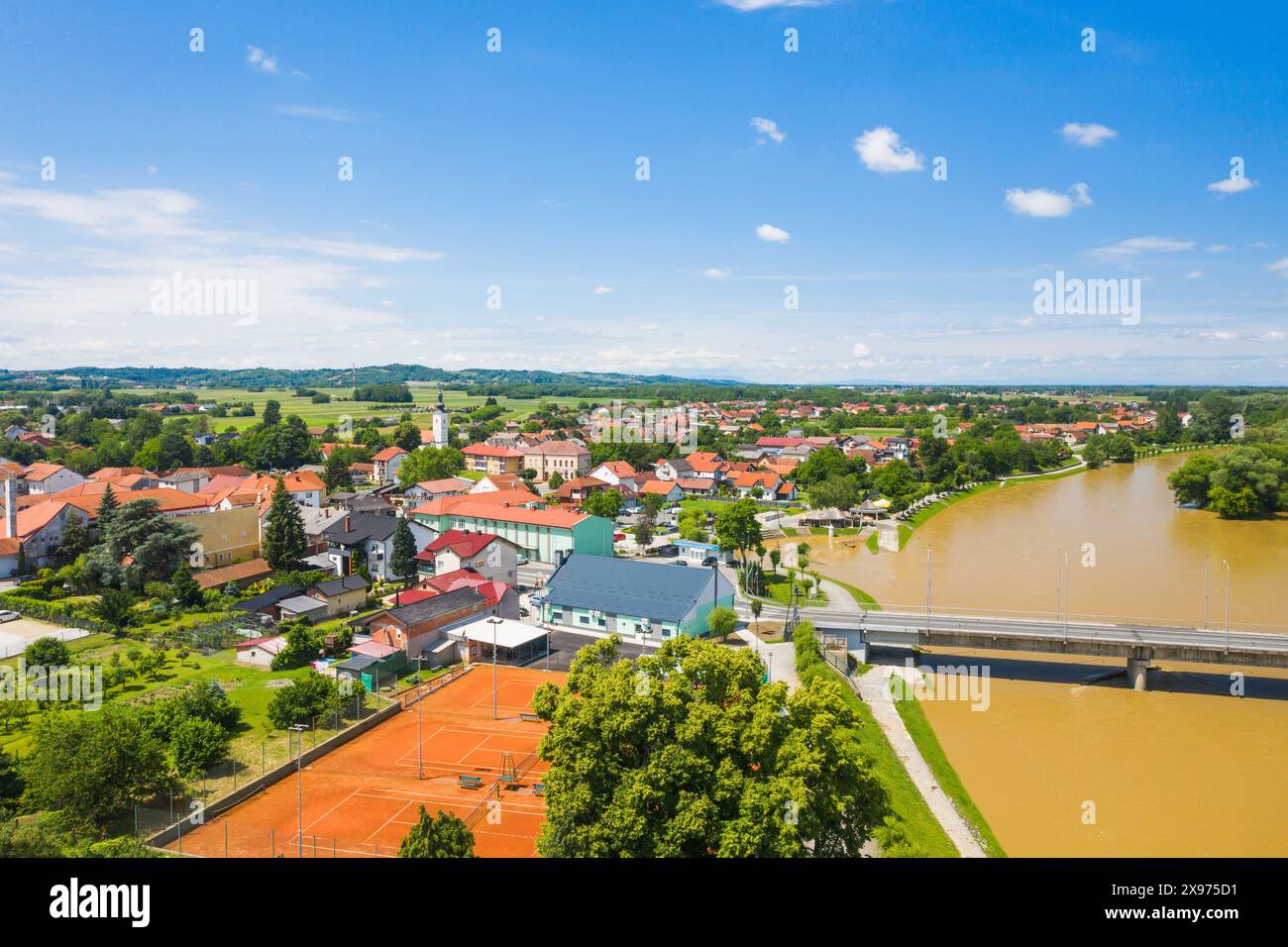 Aerial view of the Mura River and town of Mursko Sredisce, Medjimurje ...