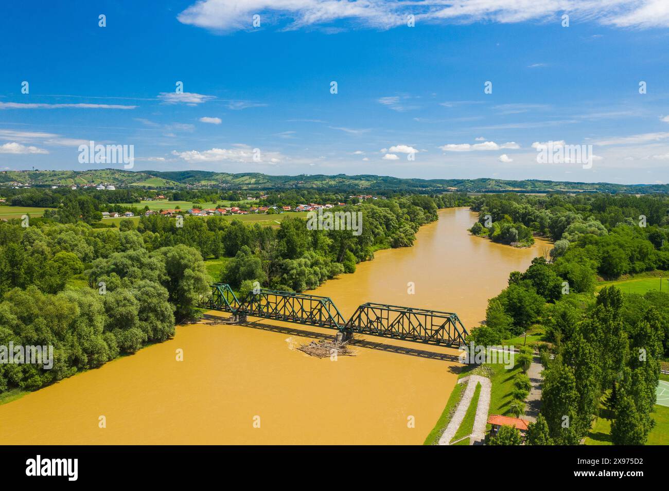 Aerial view of brigde over Mura River in Medjimurje, Croatia Stock ...