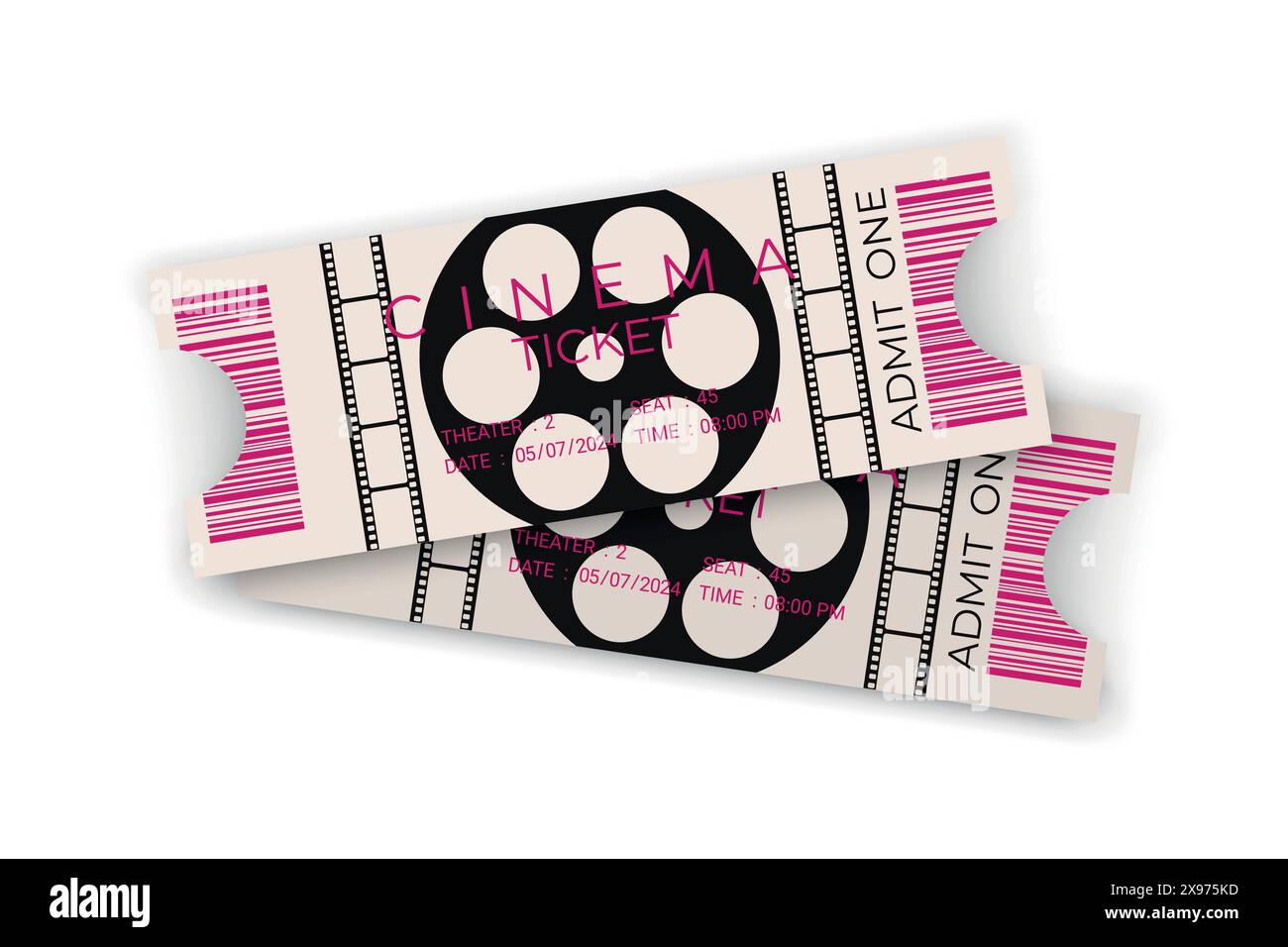 Two cinema tickets with barcode in realistic style. Front view. Design ...