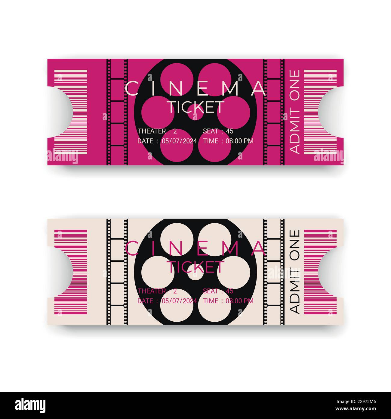 Two cinema tickets with barcode. Realistic style front view. Design ...