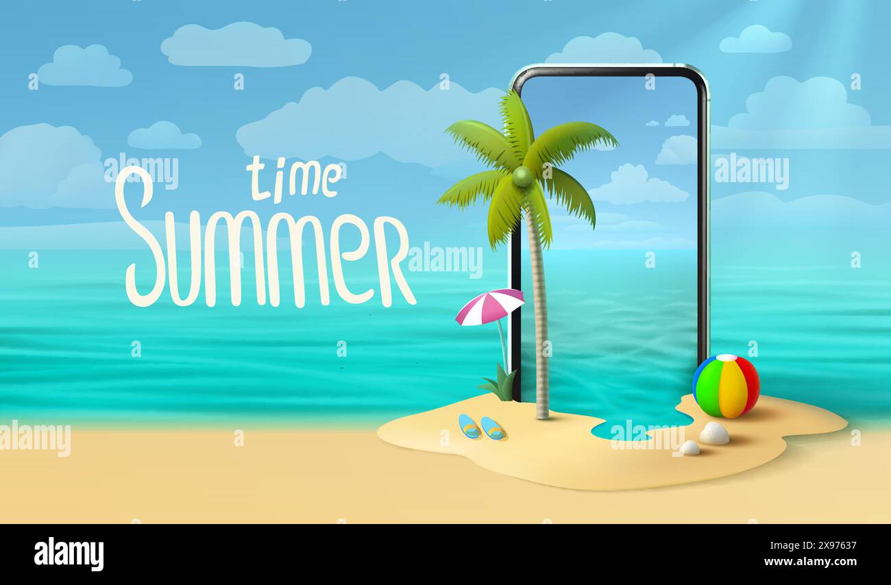 Summer time banner phone, season party bar app, tropical fruity. Vector ...