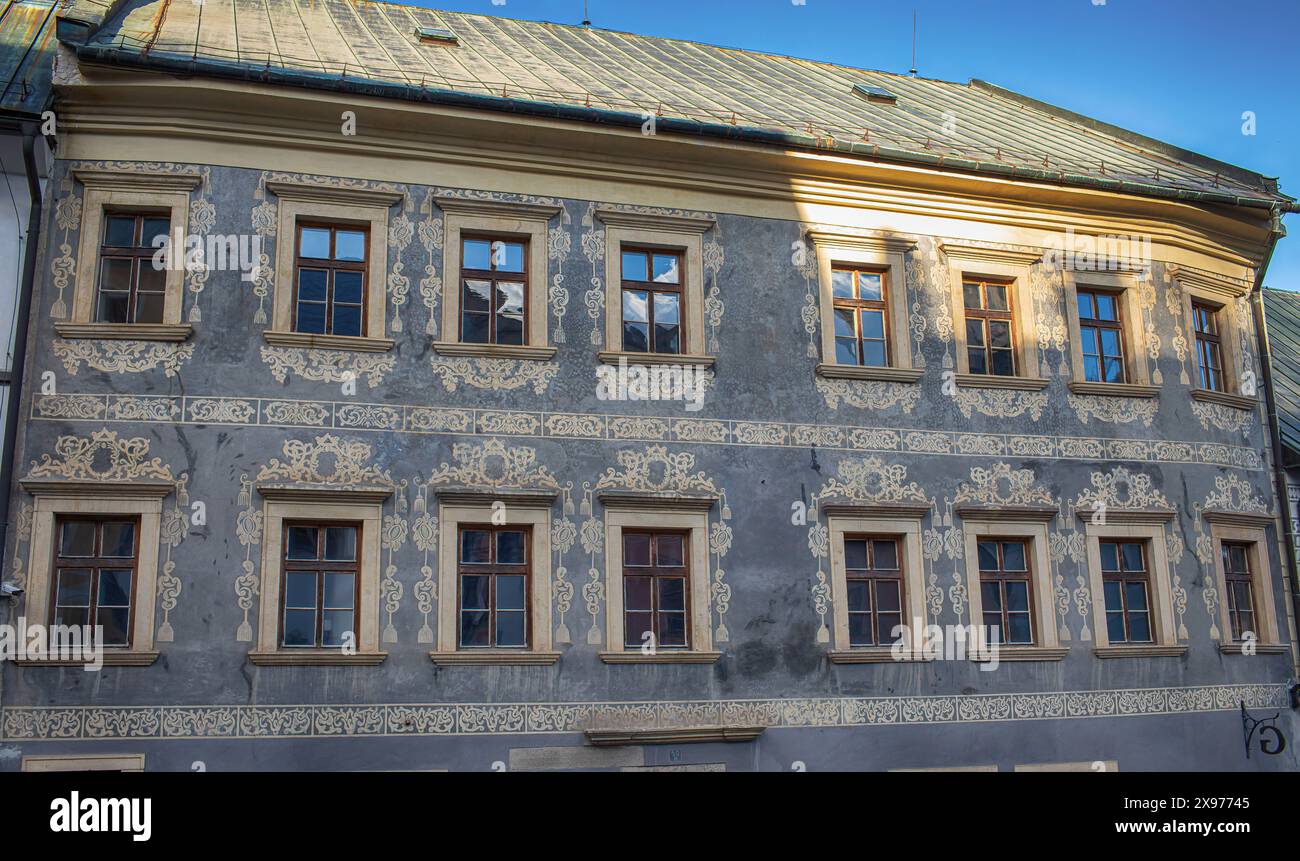 Sgraffito wall decor on the facade of historical building.Banska ...