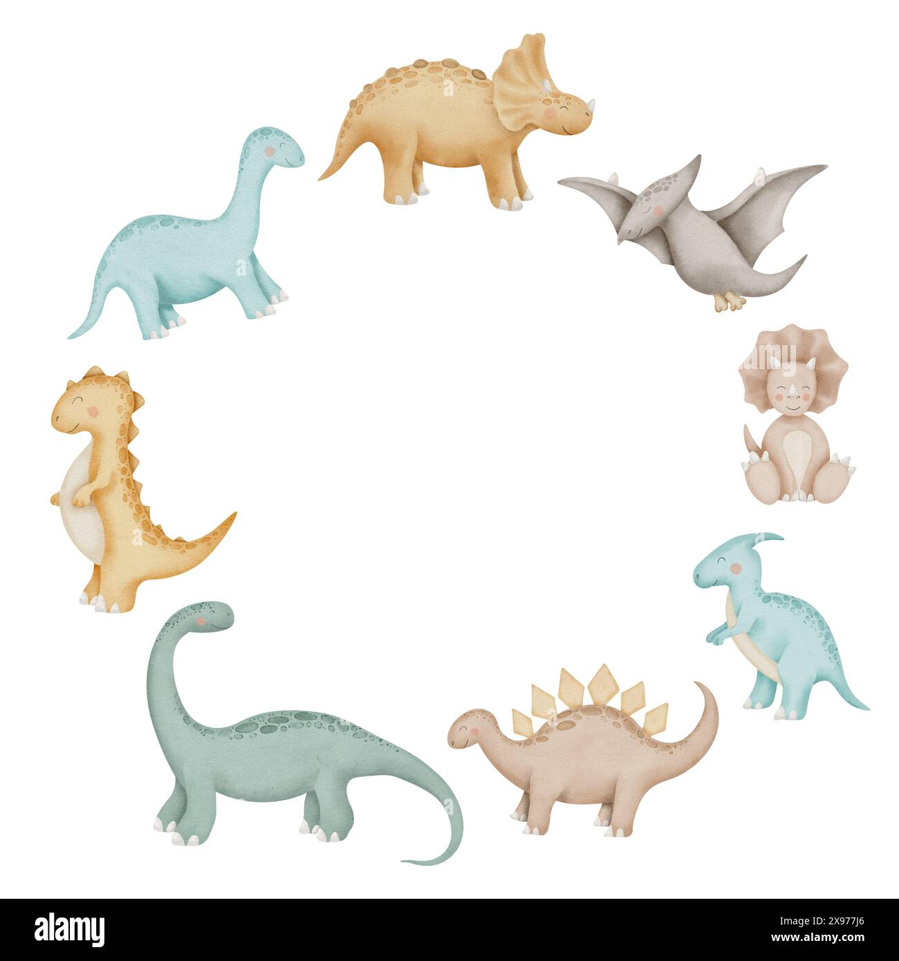 Dinosaurs Watercolor round Frame. Cute Baby Dino illustration. Drawing ...