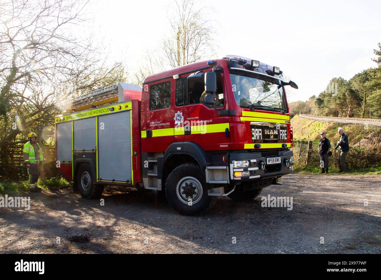 Lineside fire, firefighters in attendance, Creech Bottom, Swanage ...