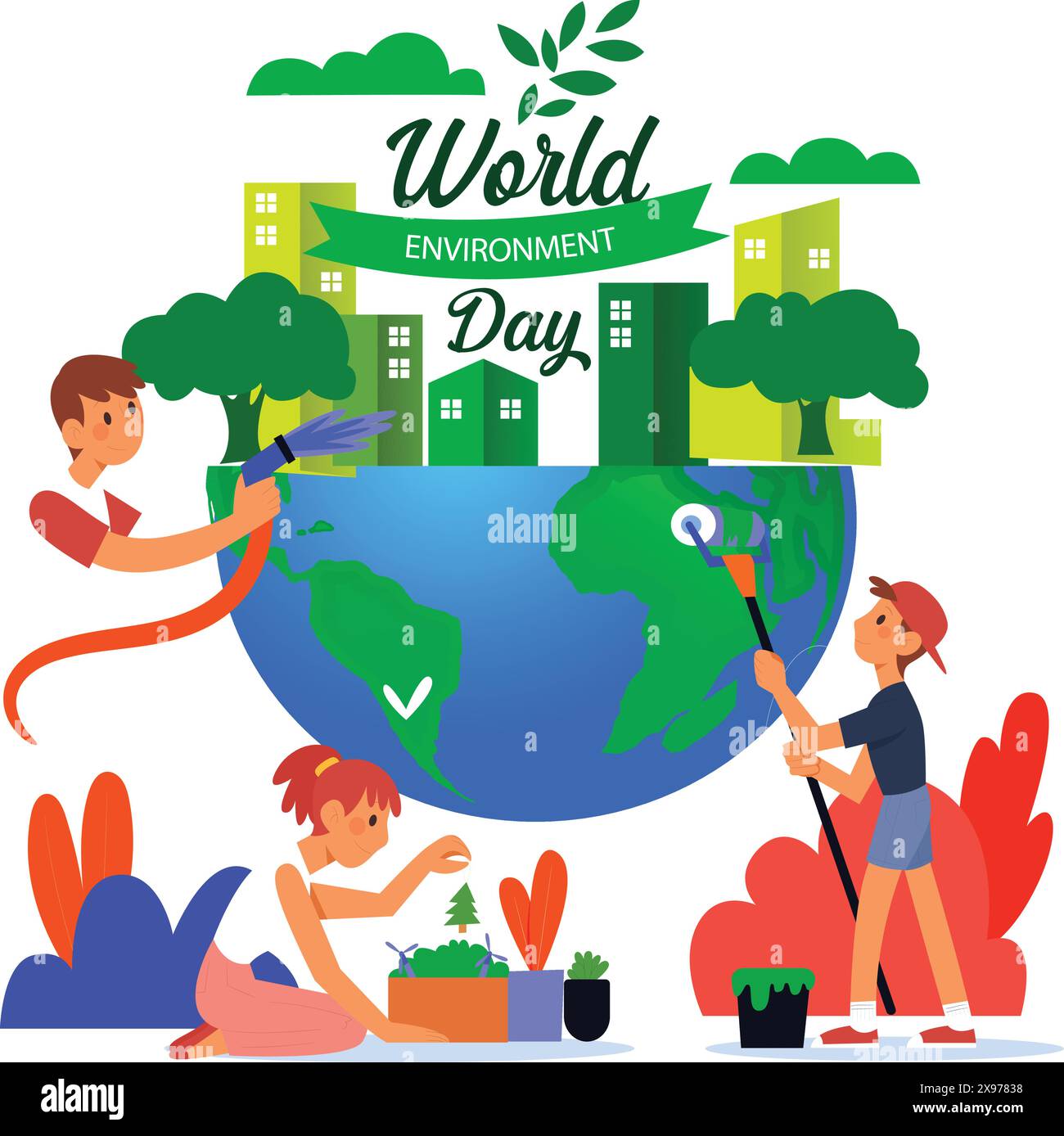 World Environment Day with People are gardening and cleaning the earth ...