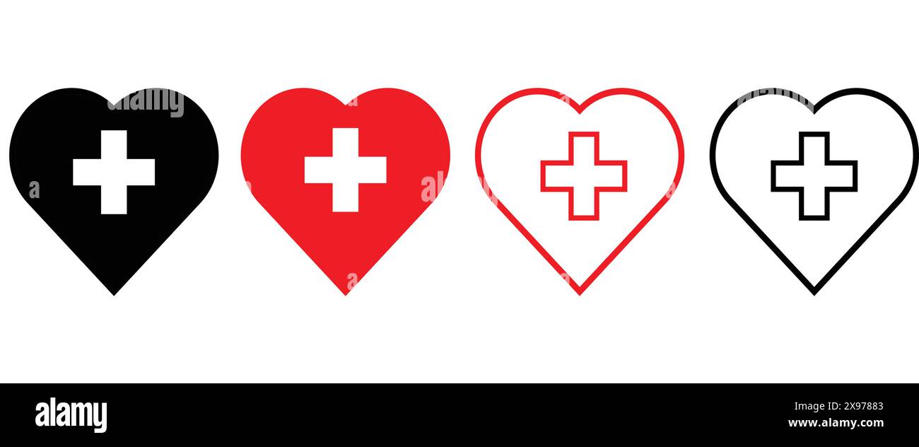 Heart shape with cross inside. Vector icon in 4 different styles on ...