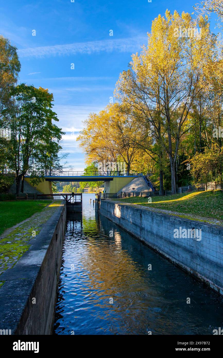 Augustow Canal, a lock with a wooden gate, a tourist water route, a ...