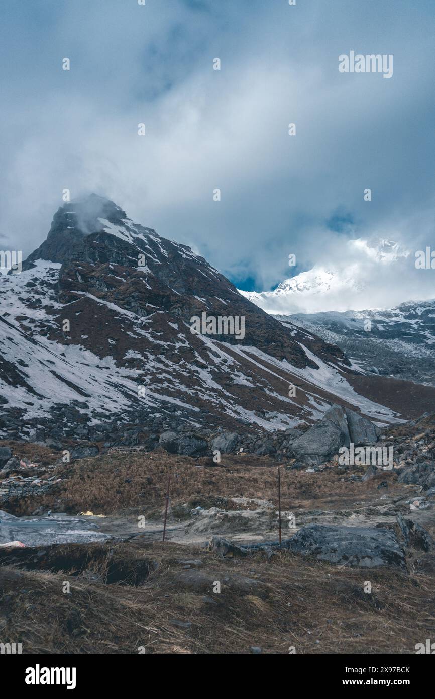 snow covered mountains, landscape with clouds and mountain, annapurna ...
