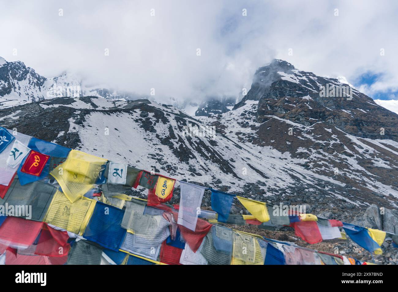 tibetan prayer flags in the mountains in nepal, Mountain in nepal ...