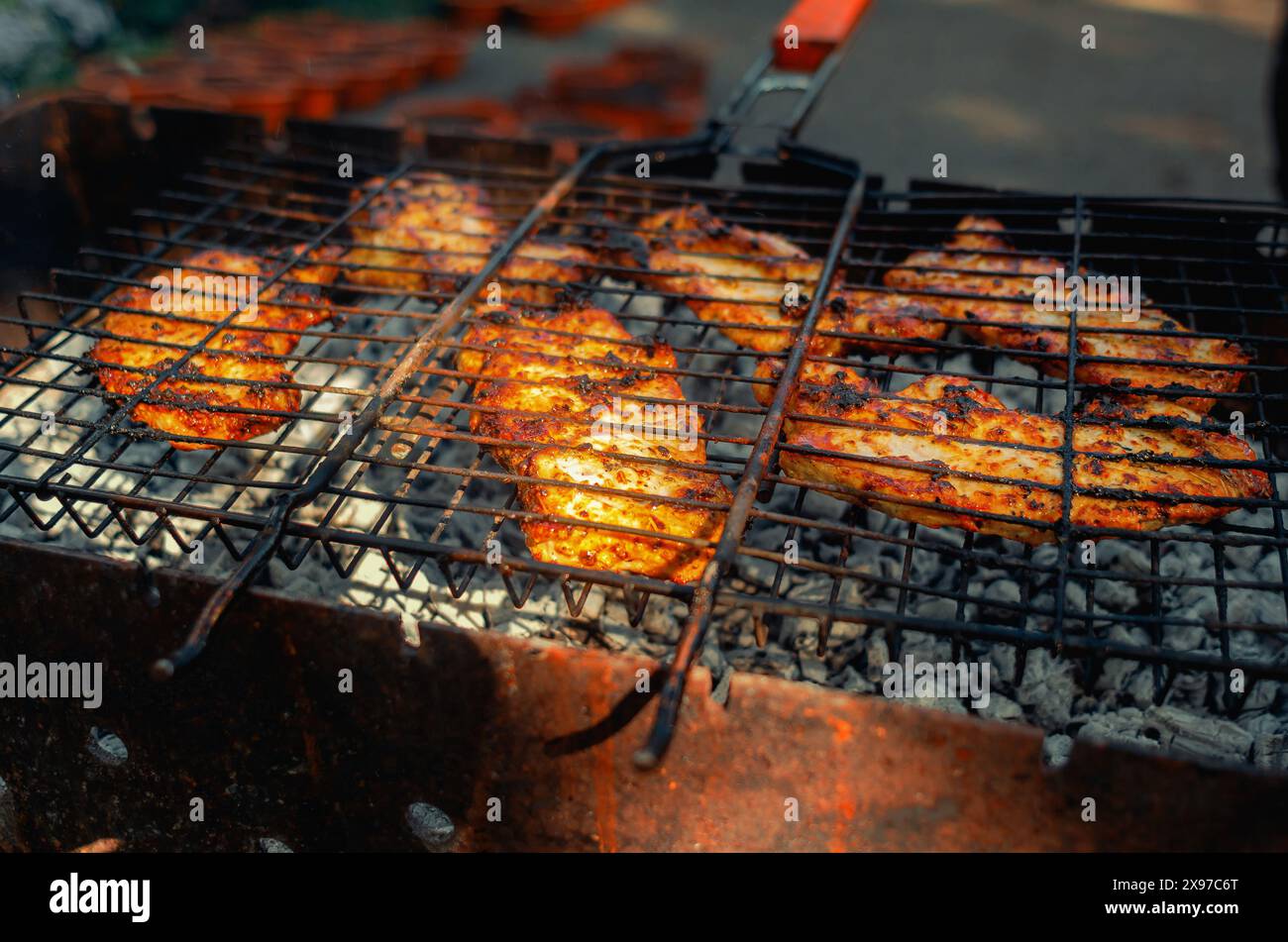 Pieces of meat are grilled on a grill over a campfire. Picnic, rest ...