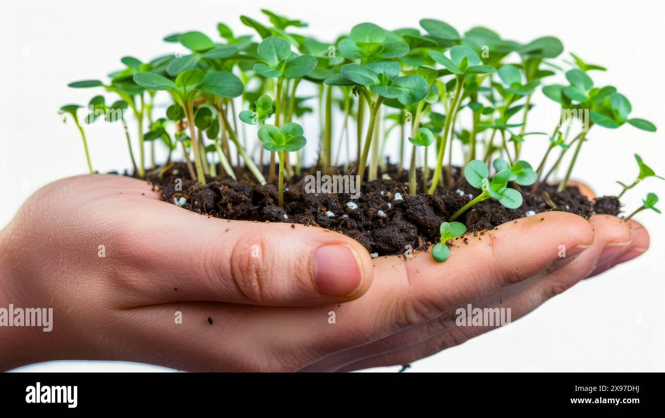 Hand holding a group of small seedlings in soil Stock Photo - Alamy