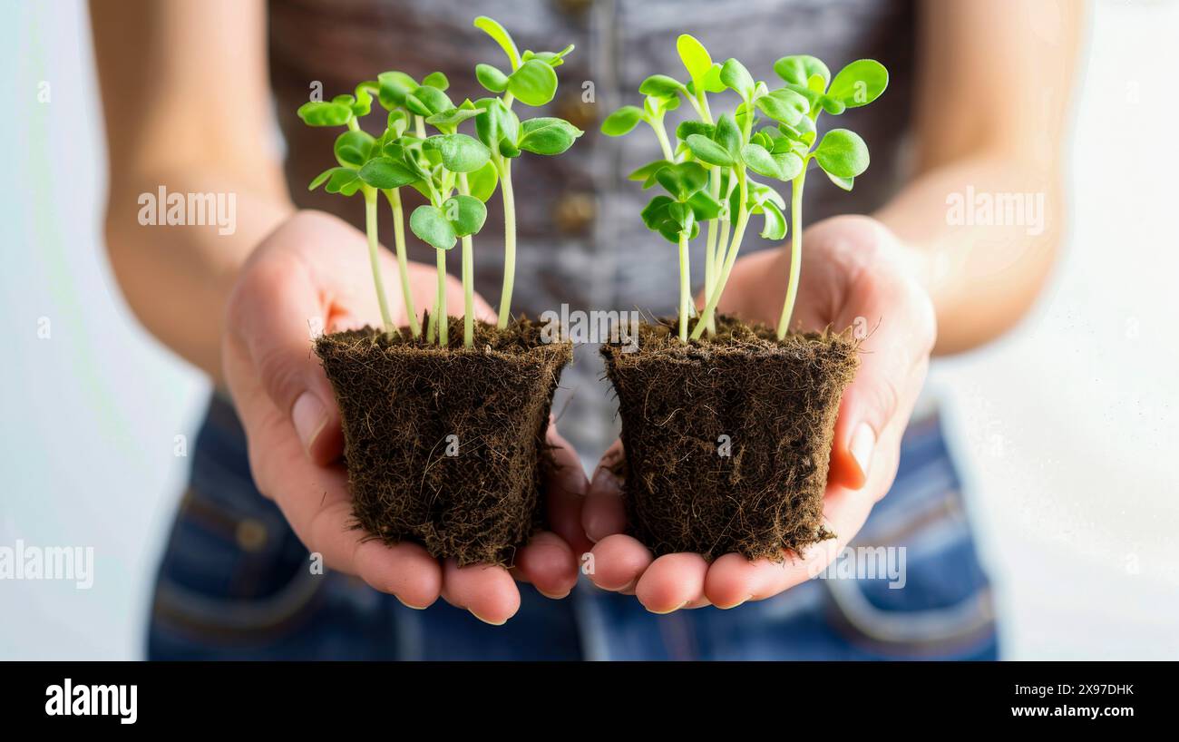 Two hands holding small seedlings in soil, signifying growth and ...