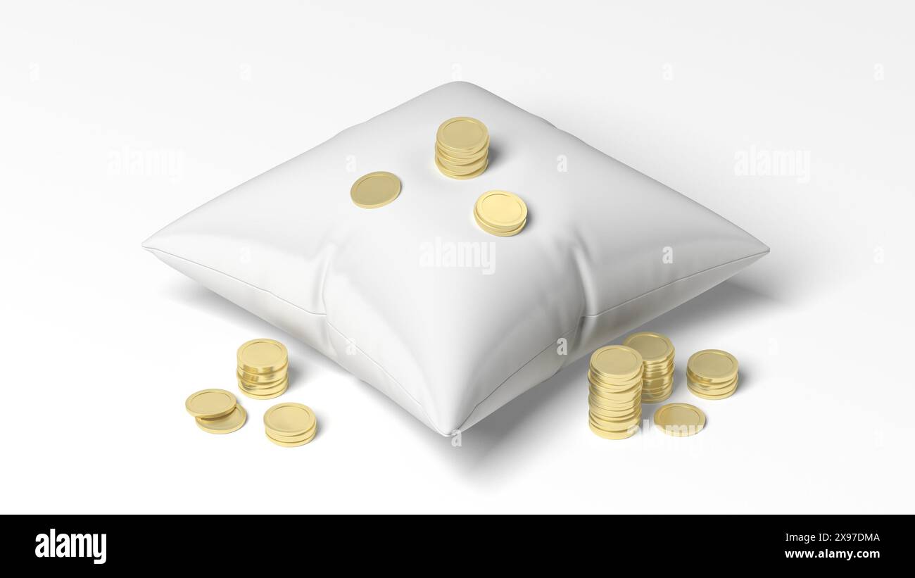 Pillow and coins isolated on white background. 3d illustration Stock ...