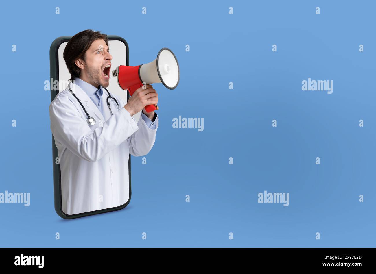 Healthcare Professional Emerging From Smartphone Screen Shouting ...