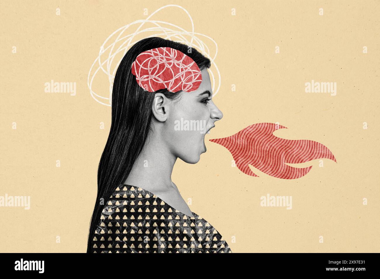 Composite photo collage of stressed angry girl scream flame anxious ...