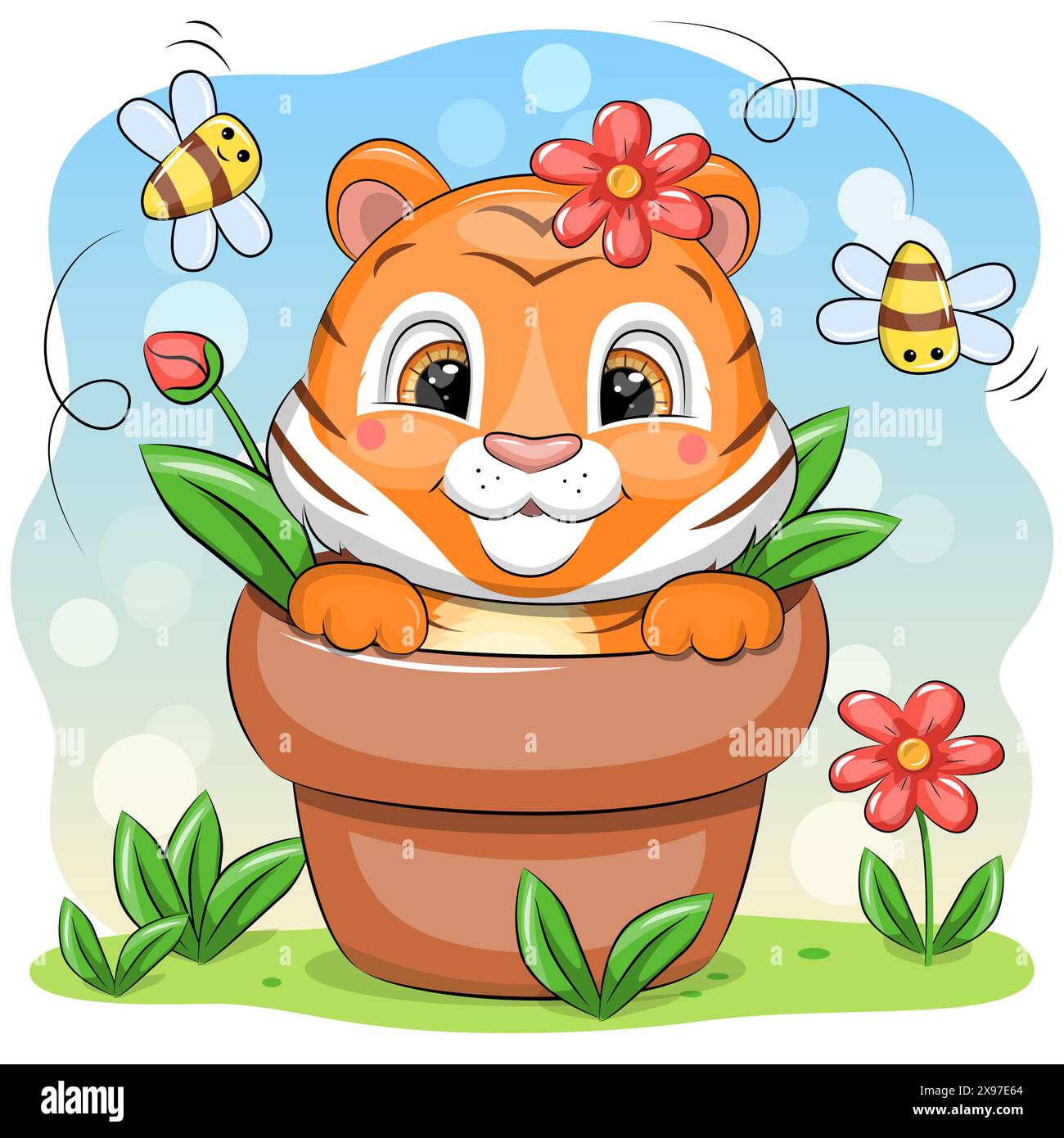 Cute cartoon tiger in a flower pot with bees and flowers. Vector ...