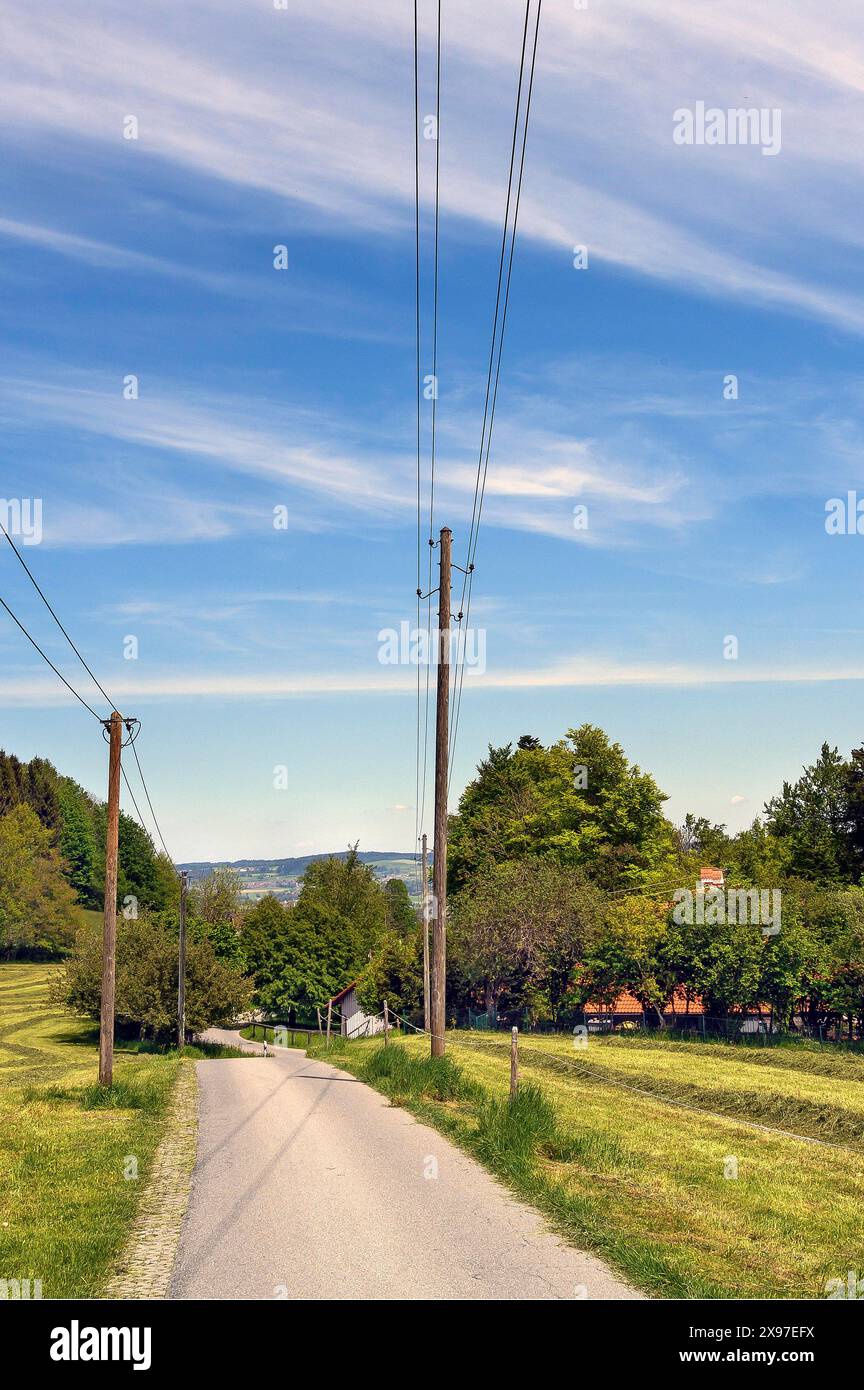 Foehn sky and narrow road with wooden electricity pylons, Allgaeu ...