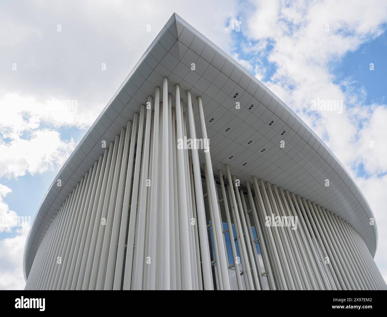 Close-up of a modern building in Luxembourg with vertical columns and ...