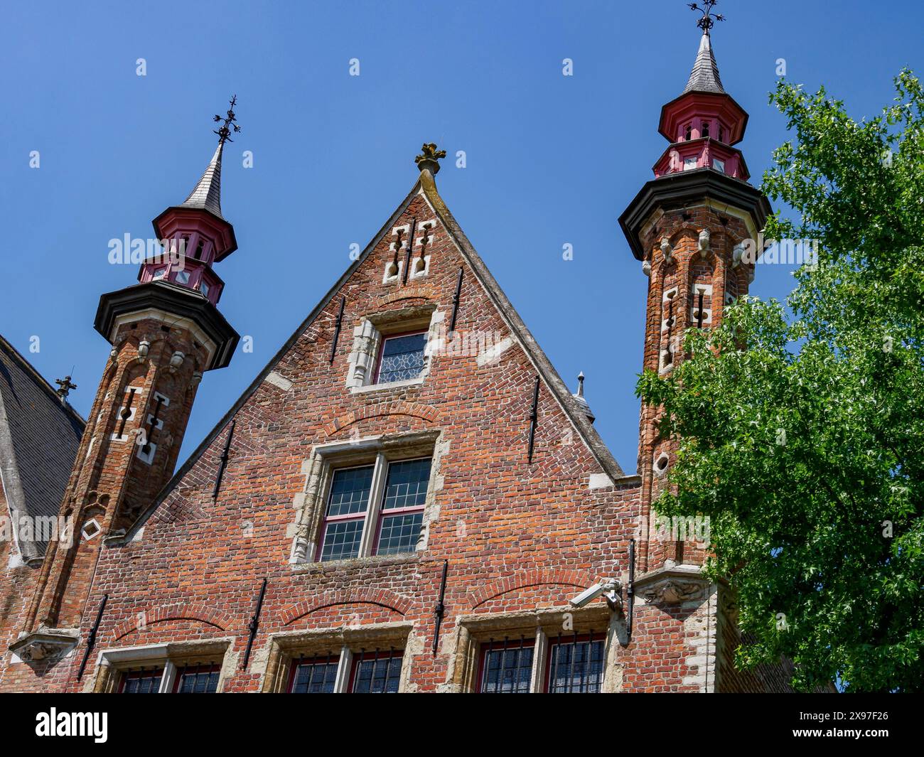 Buildings with red bricks, towers and pointed roofs and a tree in the ...
