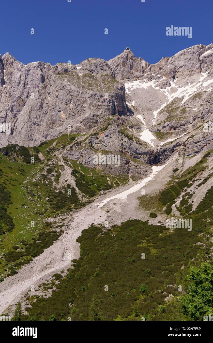 Steep alpine wall with remnants of snow and green slopes under a clear ...