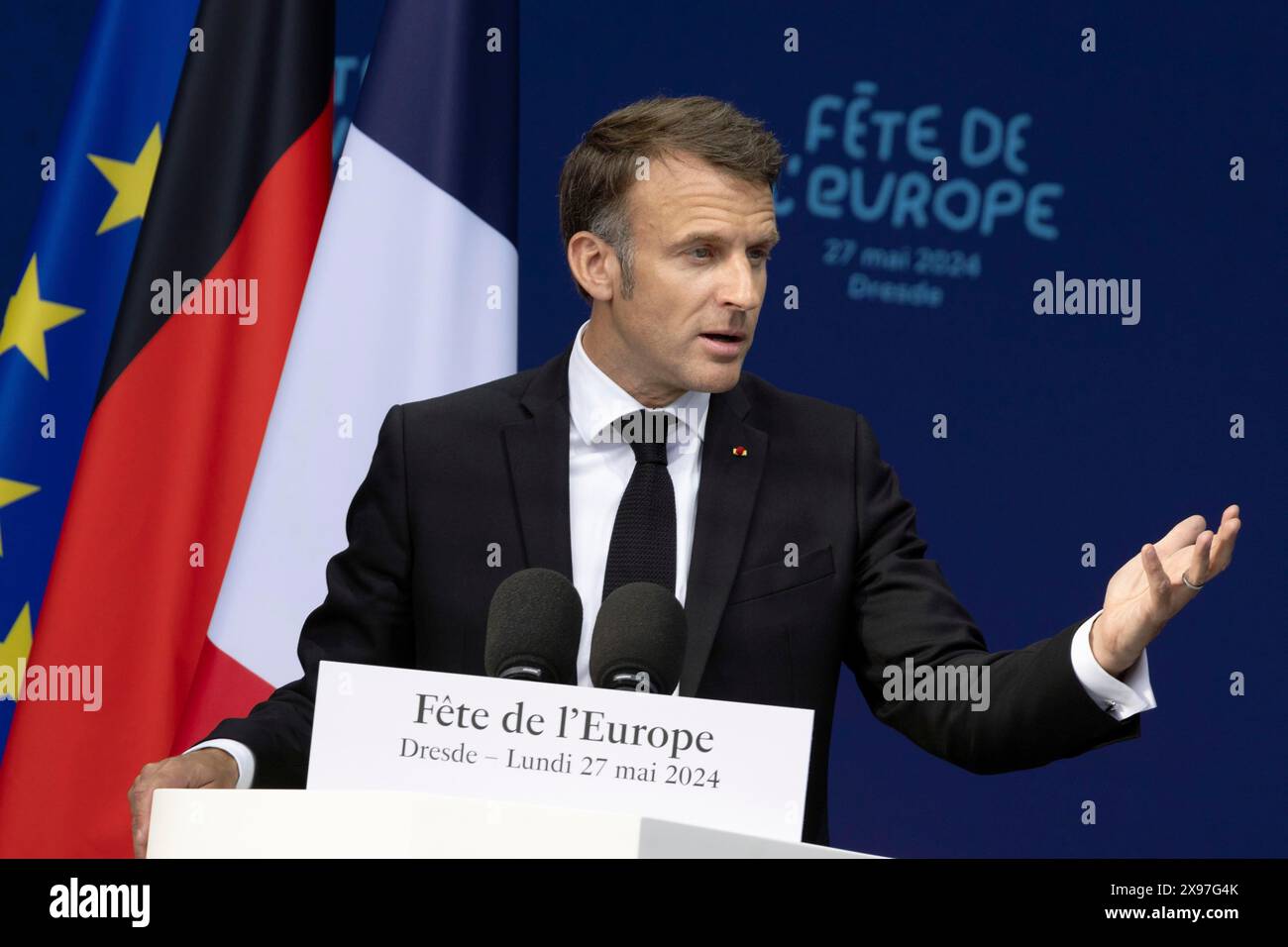 Emmanuel Macron (President of the French Republic) speaks at the Fete ...