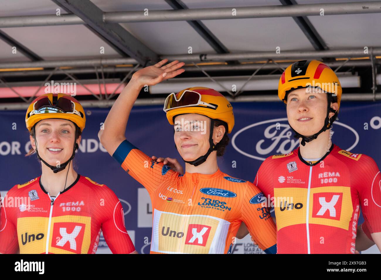 Riders of team UNO X Mobility at 2024 Ford RideLondon Classique Women's WorldTour cycle race ...