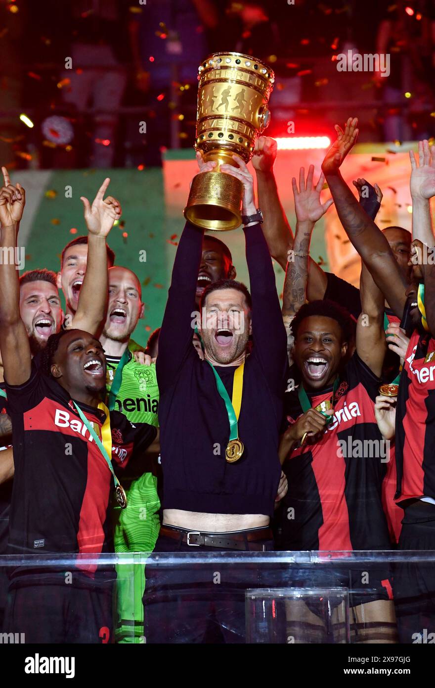 Cheering, joy, winner's celebration, honour, award ceremony of the cup winner Bayer 04 ...