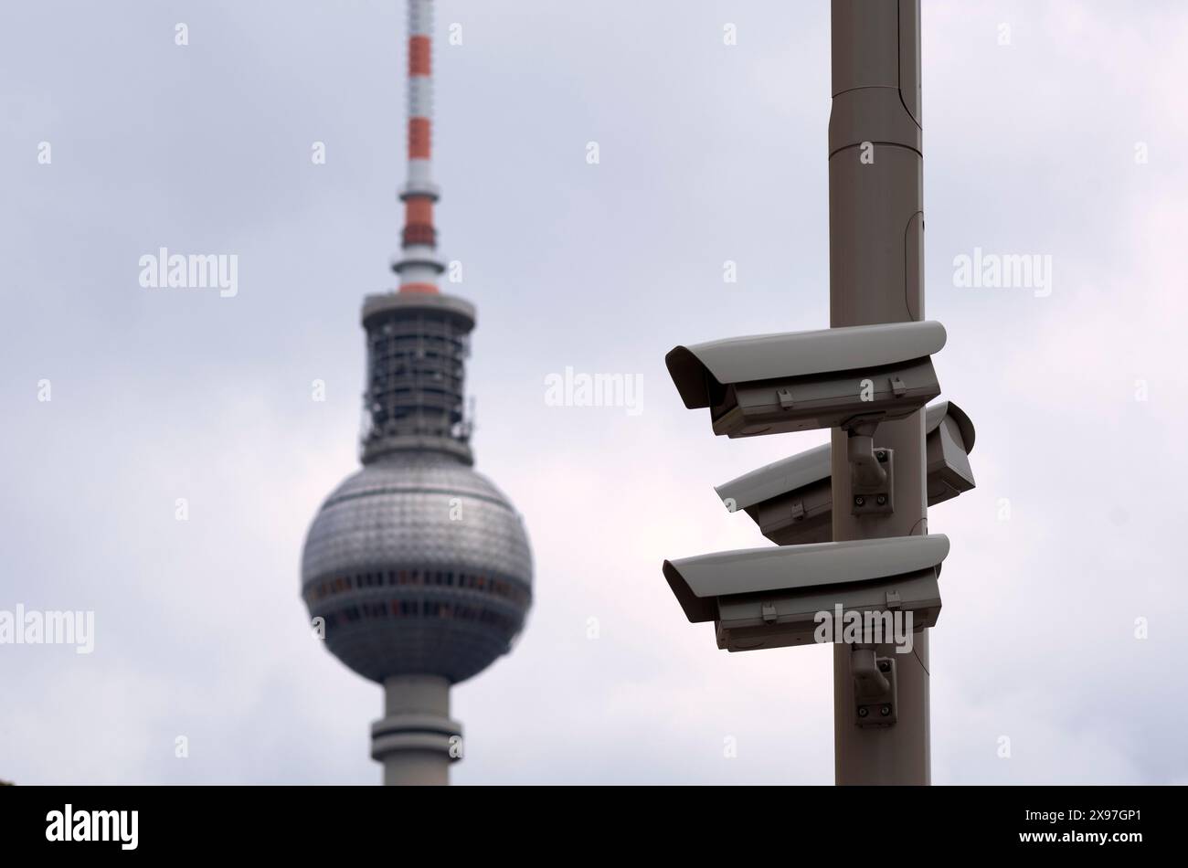Surveillance camera at the Humboldt Forum, behind it the Alex ...