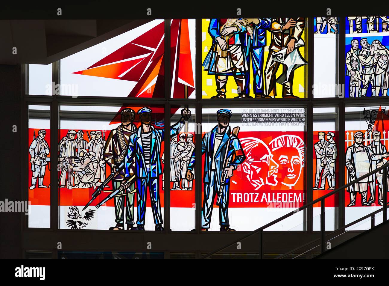Interior photograph, stained glass window, Communist propaganda art ...