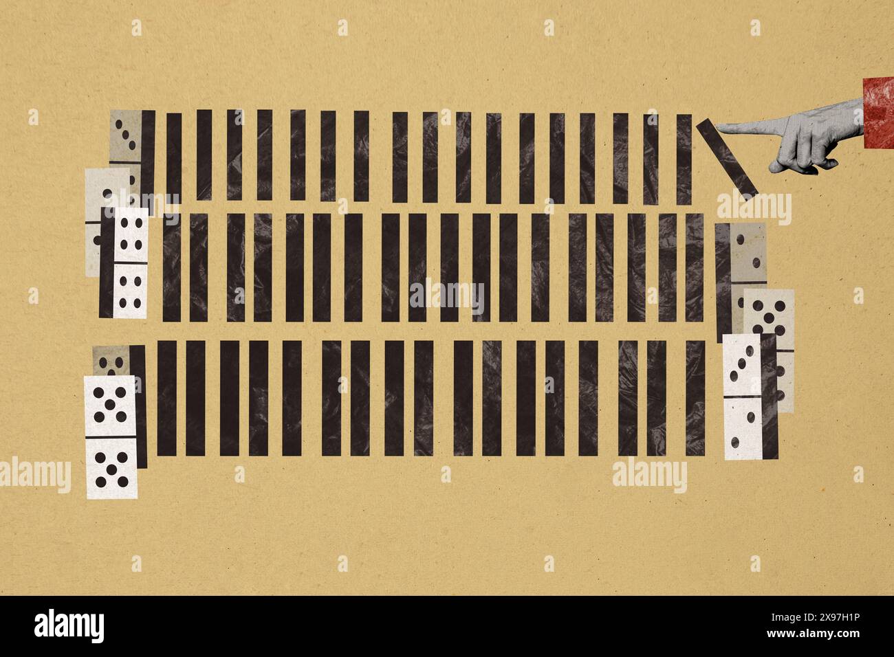 Composite photo collage of human hand index finger push domino brick ...