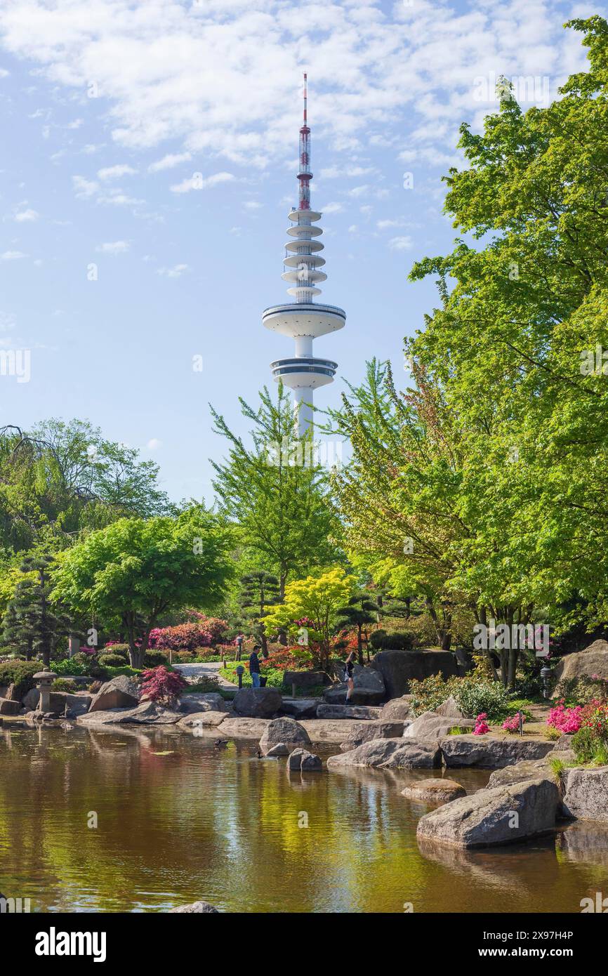Japanese garden in the Planten un Blomen park with Hamburg television ...