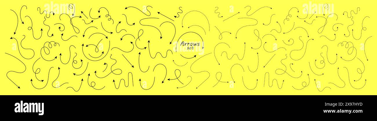 Big set of hand drawn thin line and dash line arrows. Collection of ...