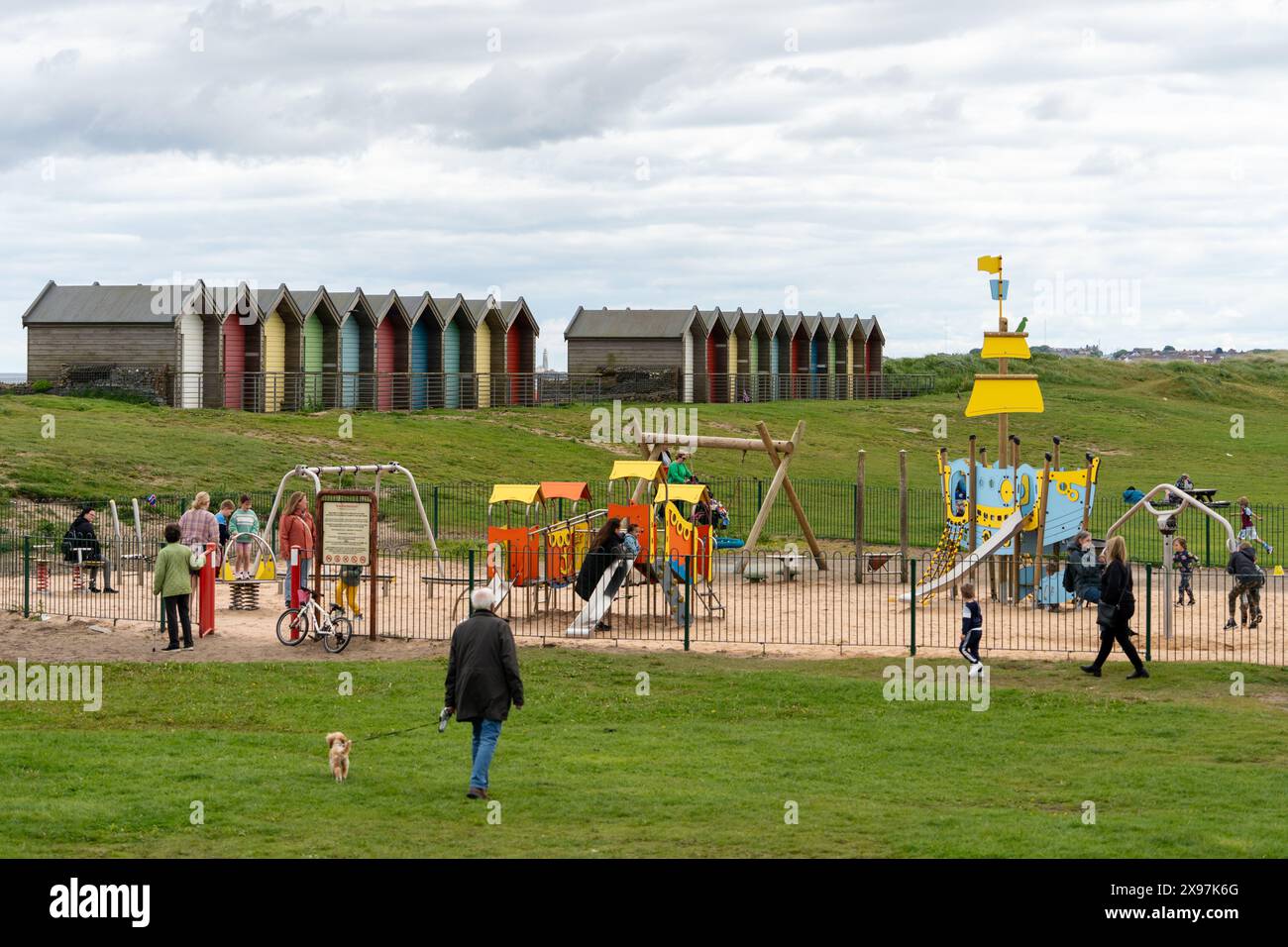Blyth, Northumberland, UK. South Beach playground and beach huts in the ...