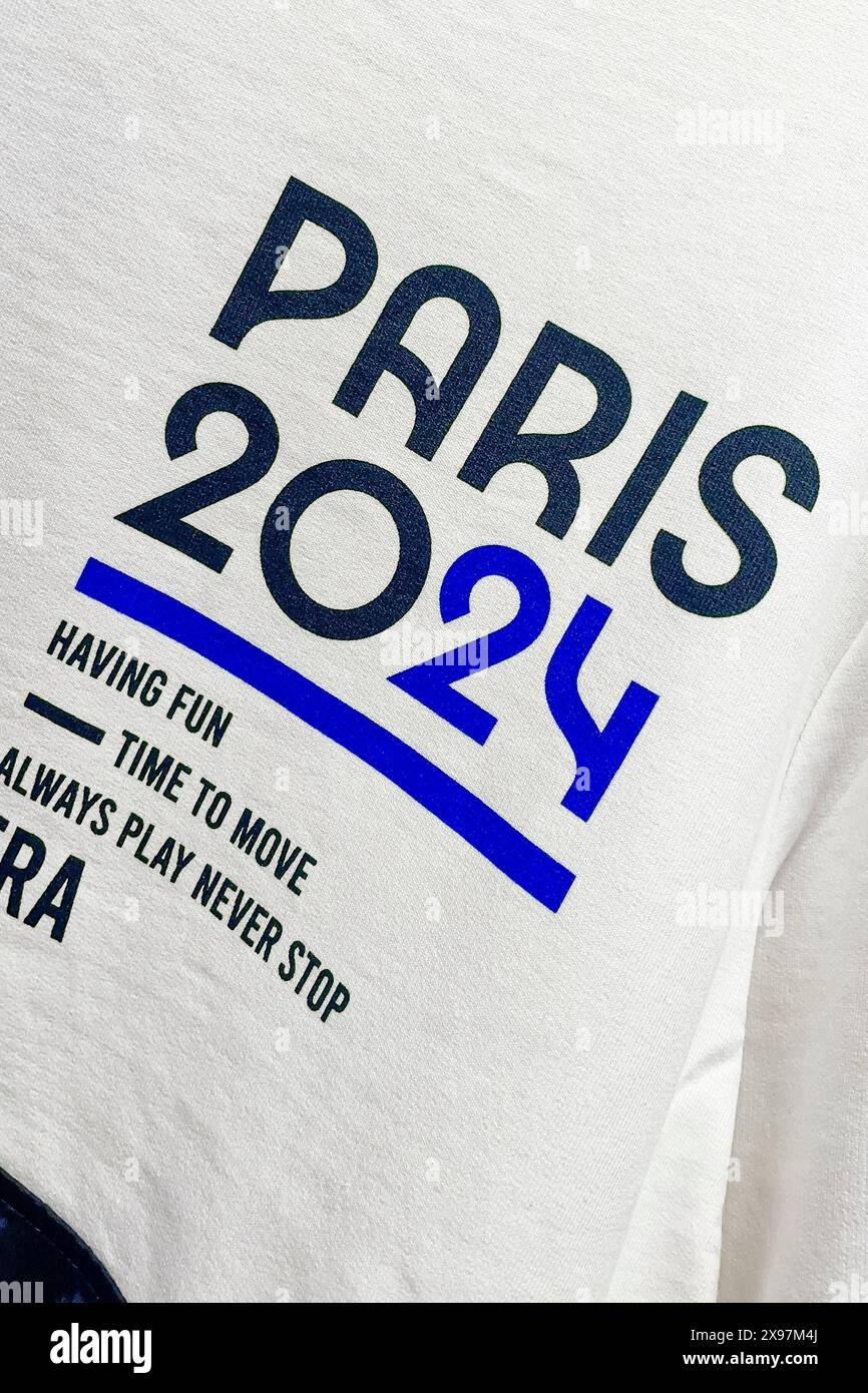 Paris, France. 27th May, 2024. A T-shirt with the lettering of the 2024 ...