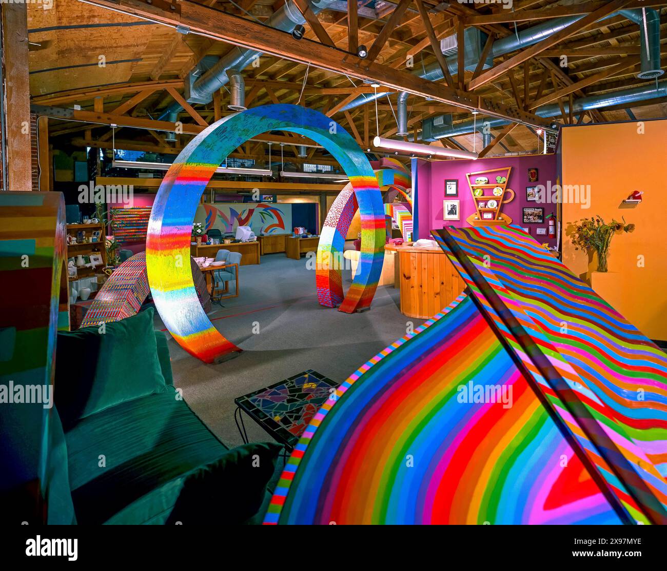 A colorful commercial interior space using art, and unusual shapes ...